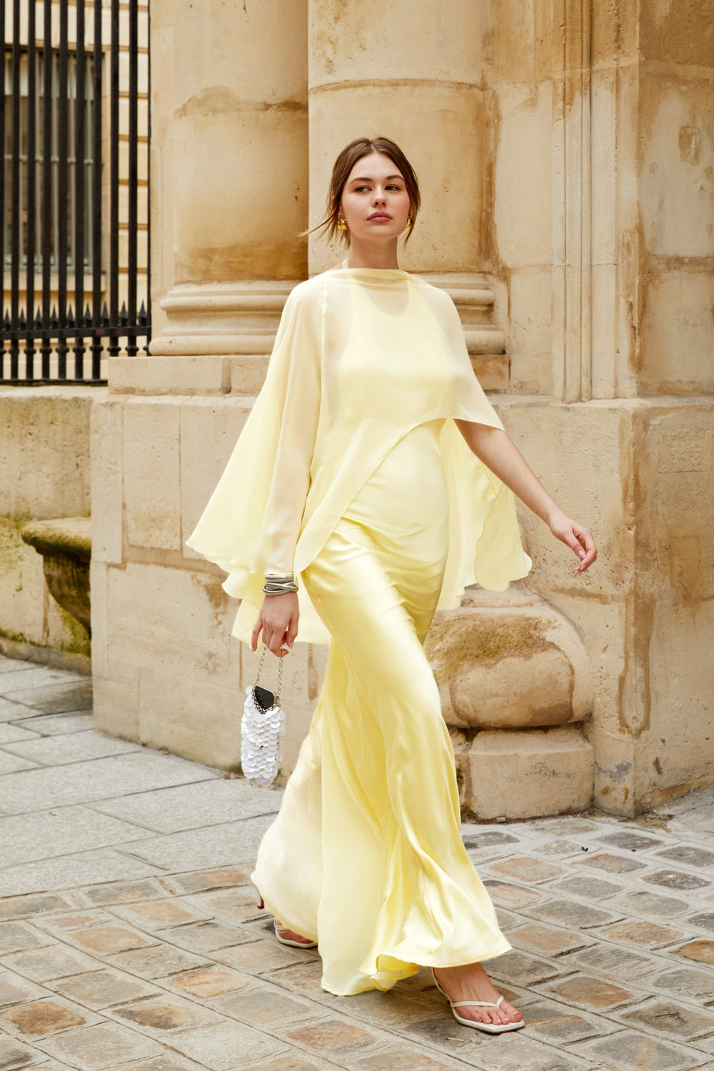Long satin dress with chiffon stole - yellow